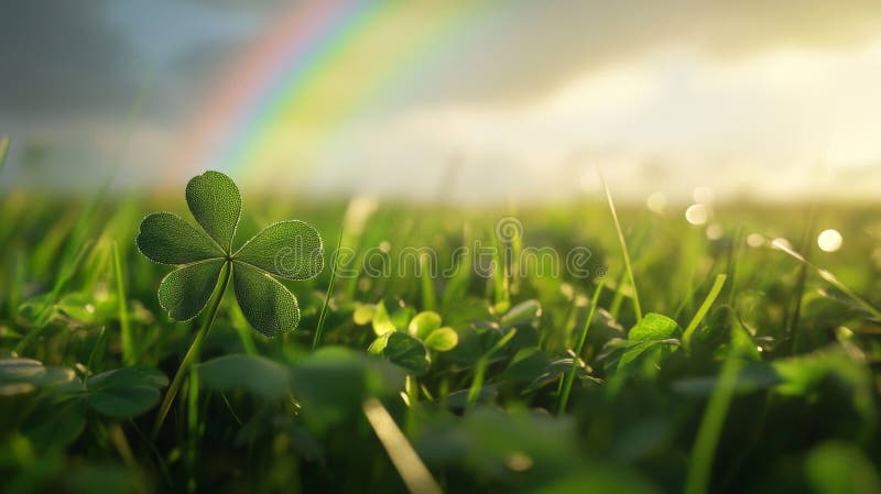 Four Leaf Clover in a Field with a Rainbow Stock Illustration ...