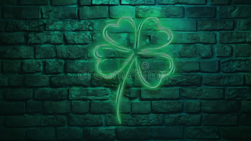 Four-leaf Clover Graffiti on Green Brick Wall Background with Glow ...