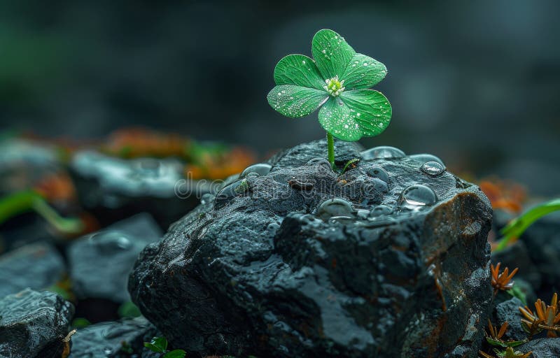 Four Leaf Clover Growing Out of Rock with Water Droplets Stock Photo ...