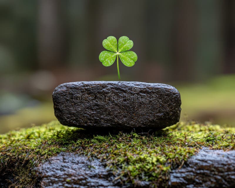 A Four-leaf Clover Growing from a Rock Covered in Moss. Stock ...