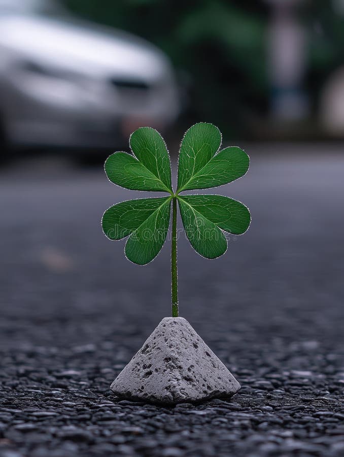 Four Leaf Clover Growing from a Stone on Asphalt. Stock Illustration ...