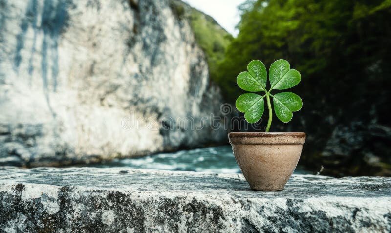 Four-leaf Clover in a Pot on a Rock by a River Stock Illustration ...
