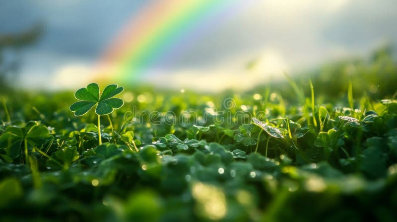 Four Leaf Clover and Rainbow in a Lush Green Field Stock Illustration ...