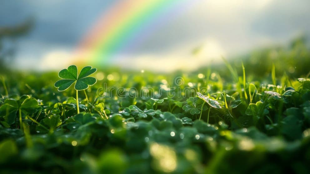 Four Leaf Clover and Rainbow in a Lush Green Field Stock Illustration ...