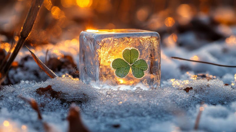 Four Leaf Clover Resting on a Block of Ice with Droplets in a Cool ...