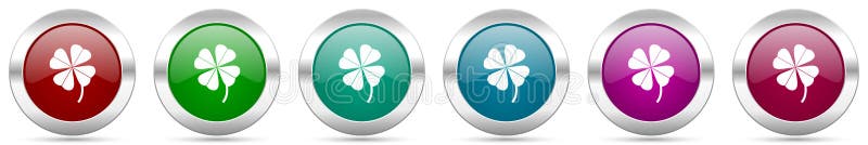 Four-leaf Clover Silver Metallic Vector Icon Set, Round Glossy Buttons ...