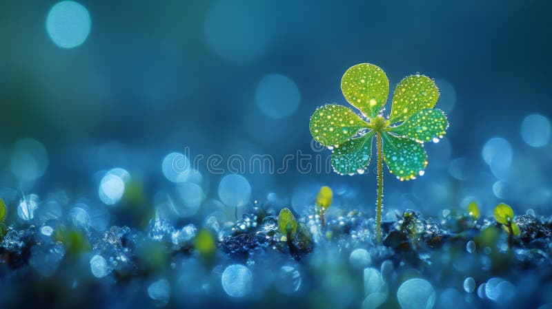 Four Leaf Clover with Water Drops in Blue Bokeh Background Stock ...