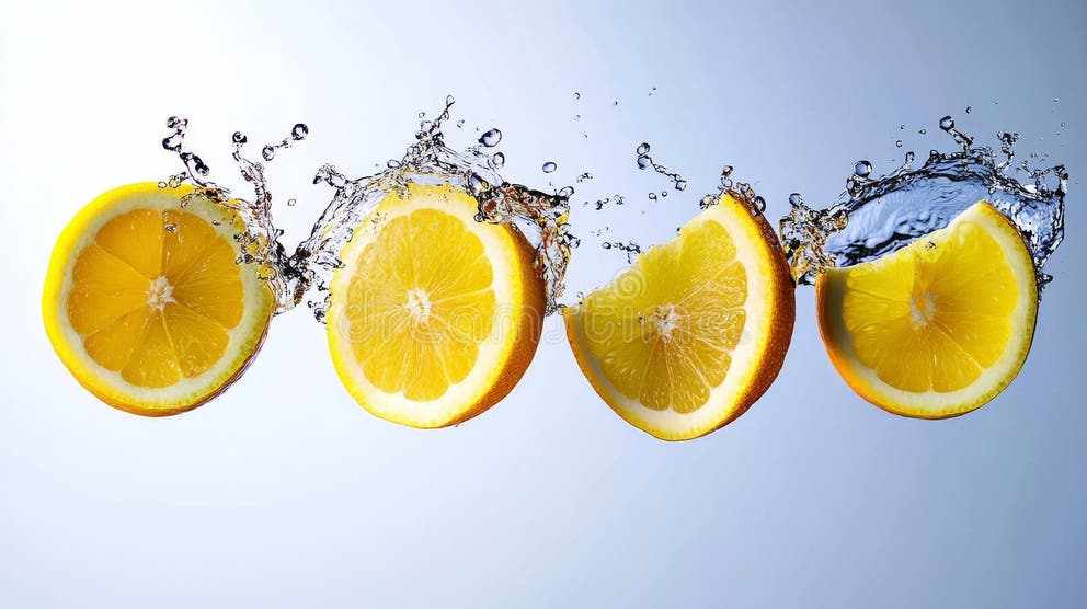 Four Lemon Slices Floating in Water with Splashes on a Gradient Blue ...