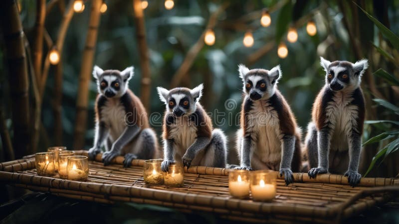 Charming Ring-Tailed Lemurs at Night with Candles Stock Illustration ...