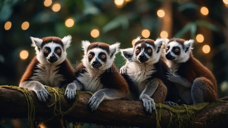 Four Ring-tailed Lemurs Sitting on a Branch at Night with Bokeh Lights ...