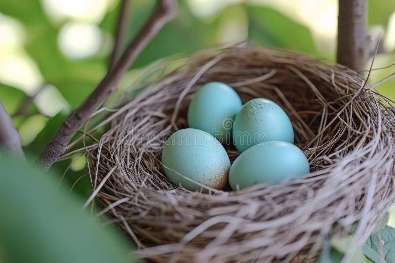 Four Light Blue Robin Eggs are Nestled in a Bird S Nest High Up in a ...