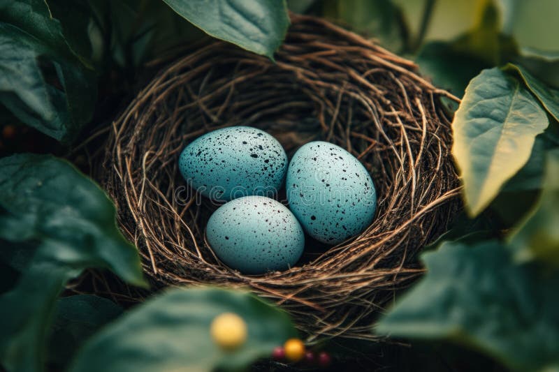 Four Light Blue Robin Eggs are Nestled in a Bird S Nest High Up in a ...