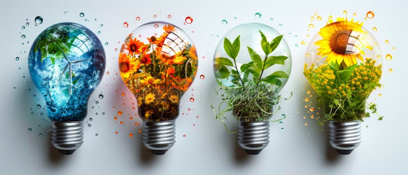 Four Light Bulbs, Each Filled with a Different Natural Element, Sit on ...