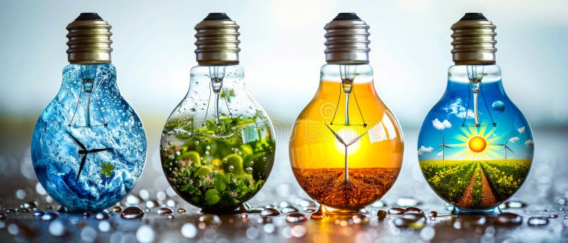 Four Light Bulbs Filled with Different Natural Elements Represent the ...