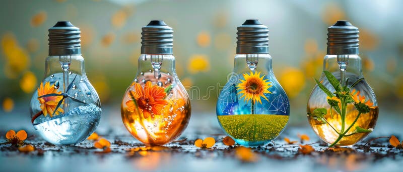 Four Light Bulbs with Flowers Inside Them, Each with a Different Color ...