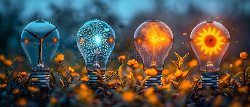 Four Light Bulbs are Glowing in the Grass. Light Bulbs Each with ...