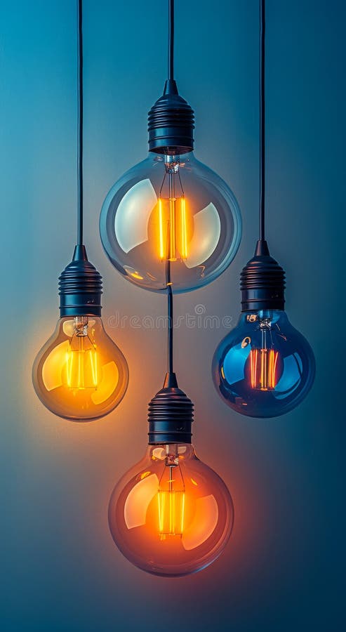 Four Light Bulbs Hanging from a Ceiling, Each with a Different Color ...