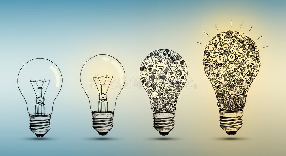 Four Light Bulbs Represent Stages of Idea Generation and Innovation ...