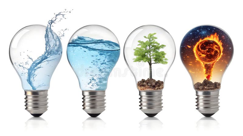Four Light Bulbs Representing Different Elements: Water, Earth, Fire ...