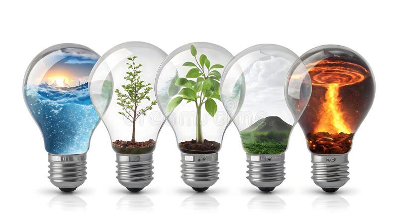 Four Light Bulbs Representing Natural Elements and Sustainability Stock ...