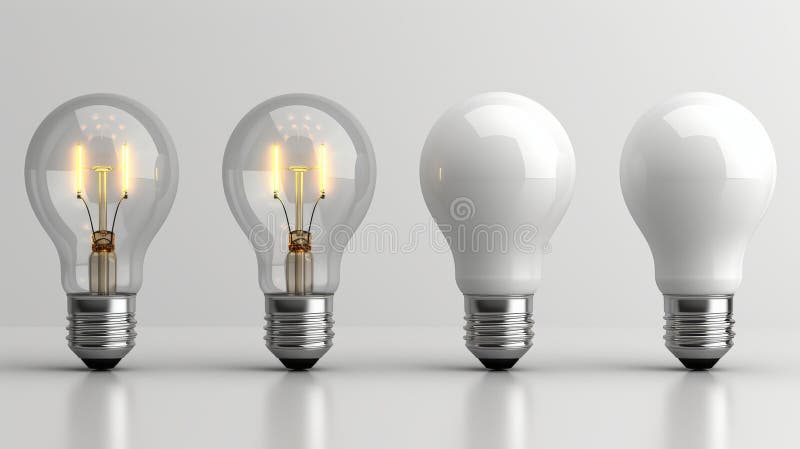 Four Light Bulbs in a Row with White Background, Innovation and Energy ...