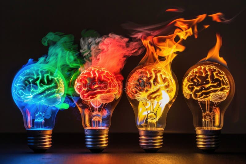 Four Lightbulbs, Each Containing a Glowing Brain, Represent the ...