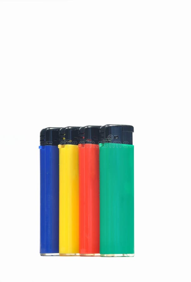 Four Lighters of Different Colours on the White Stock Image - Image of ...