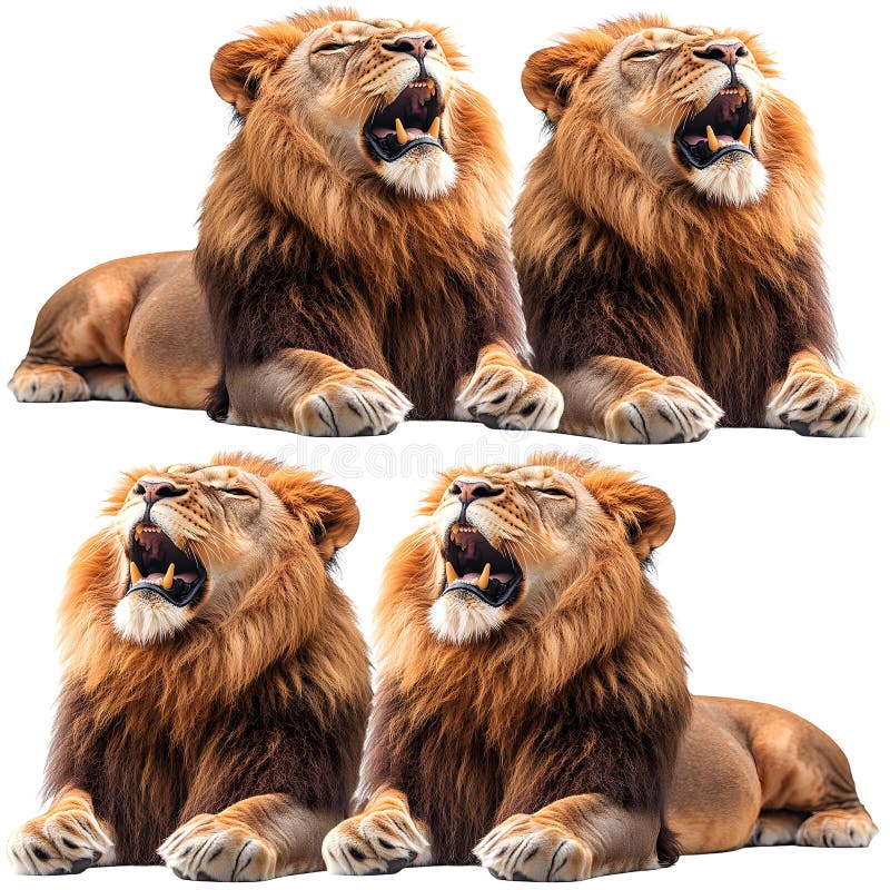 Four Lion Lying, Roaring, Panthera Leo, 10 Years Old, Isolated on White ...