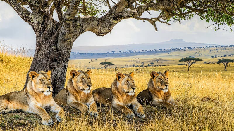Four Lions Relaxing in the Shade of a Tree on the African Savanna Stock ...