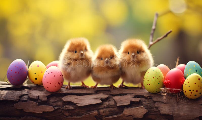 Four Little Birds are Hidden Along with Easter Eggs in the Grass. Stock ...