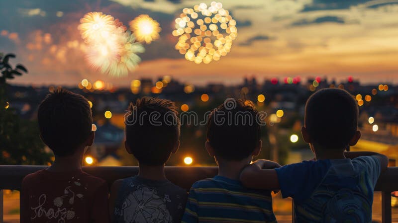 Four Little Friends Watch the Fireworks Stock Image - Image of evening ...