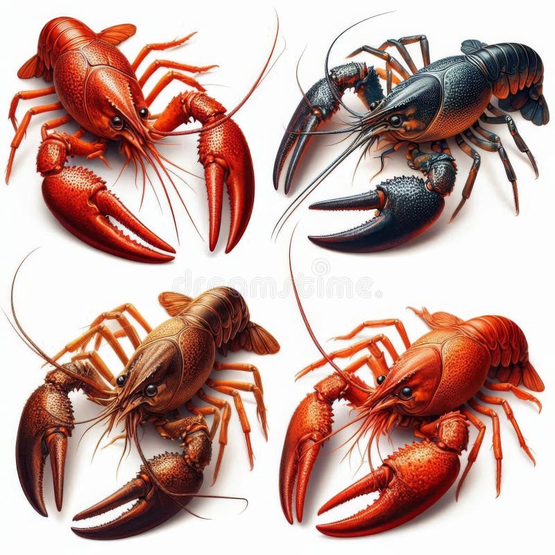 Four Live Crawfish Positioned Separately on a White Background Stock ...