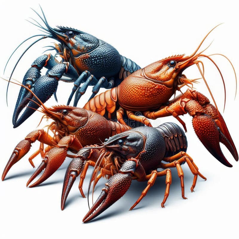 Four Live Crawfish Positioned Separately on a White Background Stock ...