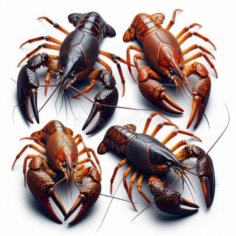 Four Live Crawfish Positioned Separately on a White Background Stock ...