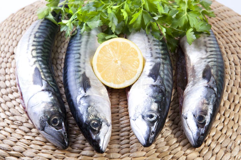 Four Mackerels Fish Over Rattan Surface Stock Photo - Image of gutted ...