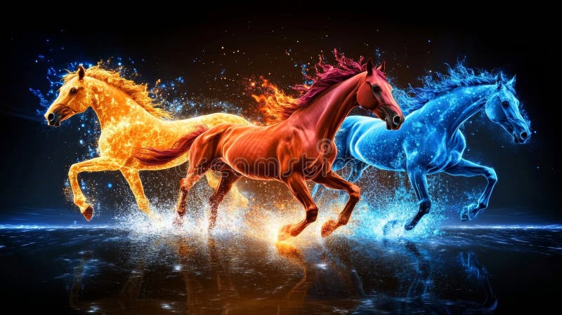 Four Magnificent Horses Racing through Heavenly Fire Stock Image ...