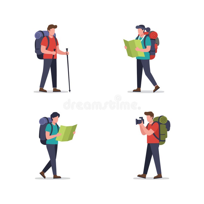 Four Male Hikers with Backpacks Trekking and Using Map and Camera Flat ...