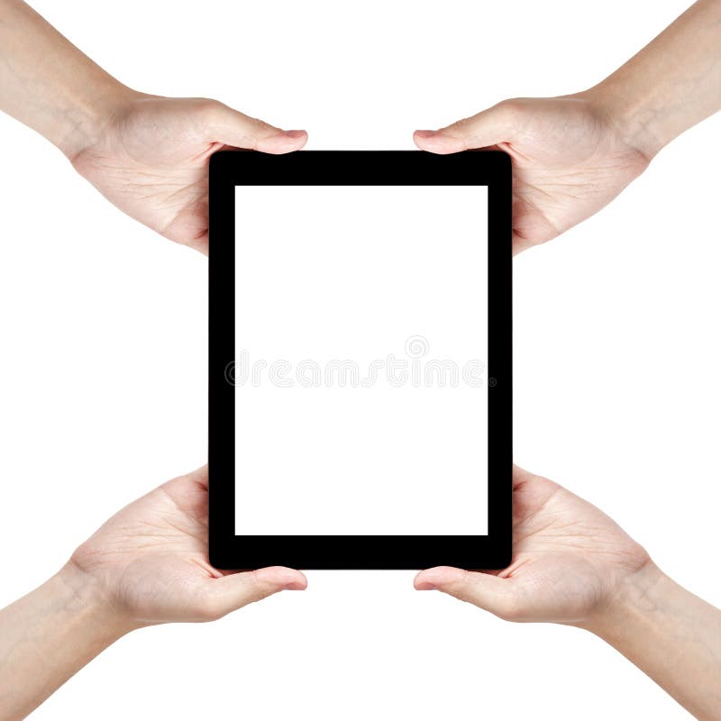 Four Man Hands Holding Generic Tablet Pc Stock Photo - Image of ...