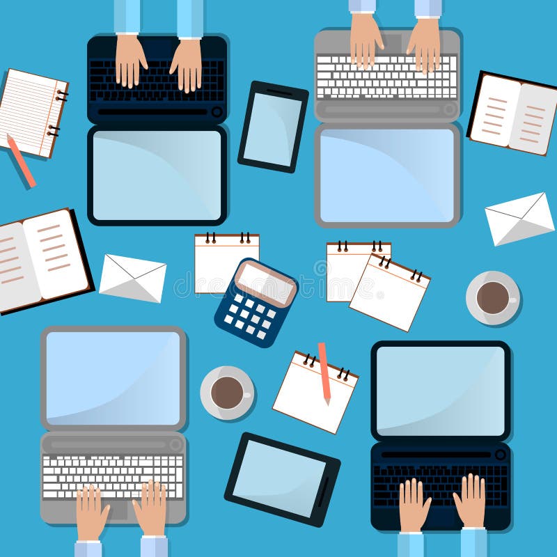 Four Man Work on Laptop. Top View. Work Process Concept with Laptop ...