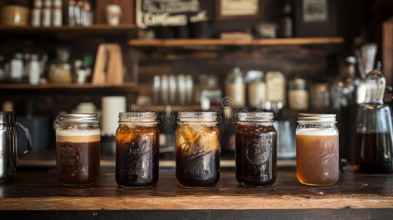 Four Mason Jars of Cold Brew Coffee on a Wooden Countertop Stock ...