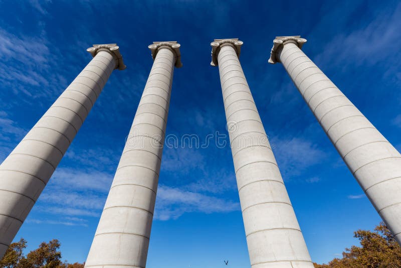 Four Massive Columns, Blue Sky in Barcelona of Spain Stock Image ...