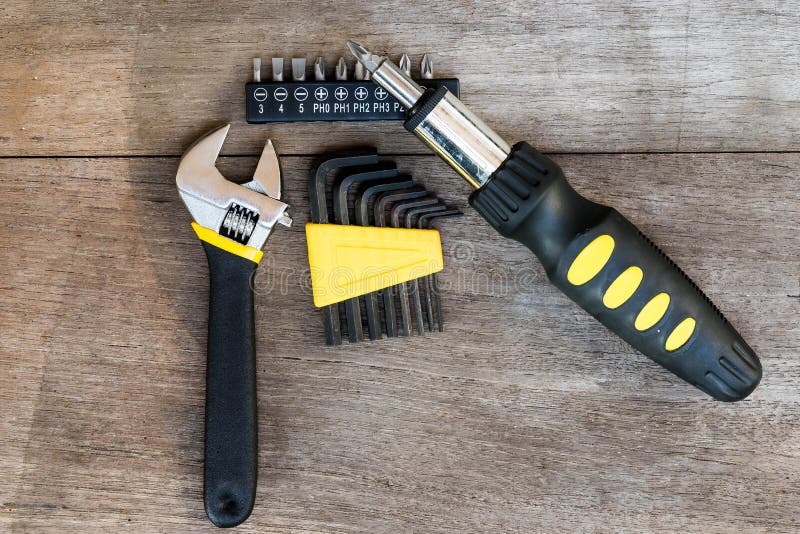 Four Mechanic Tools on Wood Stock Photo - Image of vintage, toolbox ...