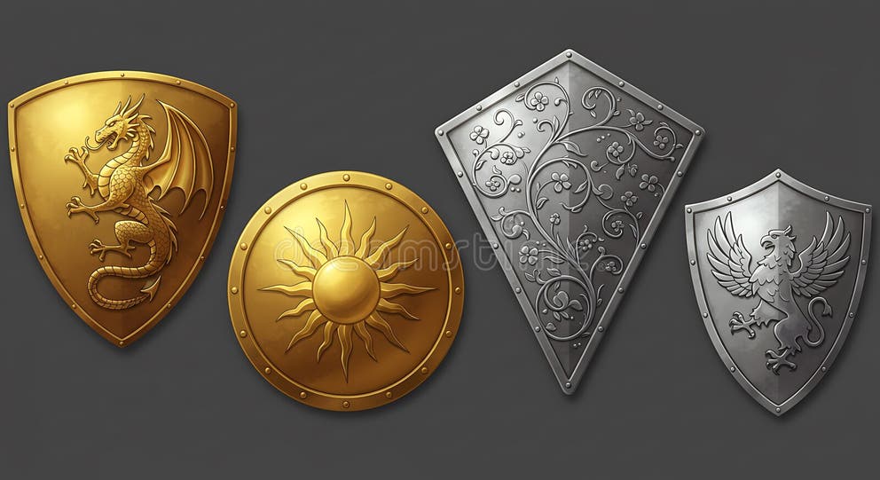 Four Medieval-style Shields are Displayed on a Dark Surface. the First ...