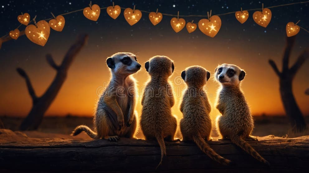 Four Adorable Meerkat Cubs Watching Sunset with Heart-Shaped Lights ...