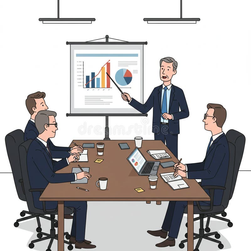 Four Men in Business Suits are in a Conference Room. One Stands ...