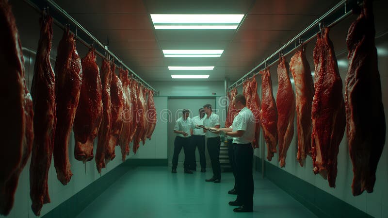 Four Men Inspect Hanging Beef Carcasses in a Commercial Meat Processing ...