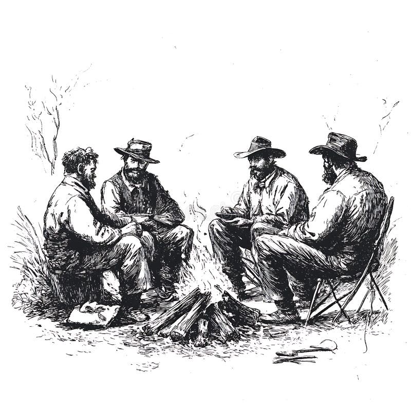 Four Men Seated Around a Campfire, Engaging in Conversation Stock ...