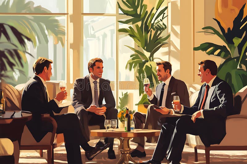 Four Men in Suits Enjoy Drinks and Conversation in a Luxurious Hotel ...