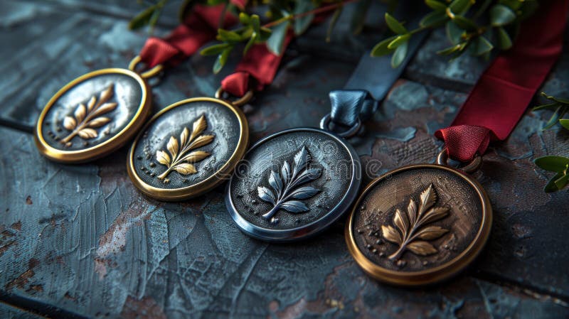 Four Metal Medals with Leaf Design Stock Illustration - Illustration of ...