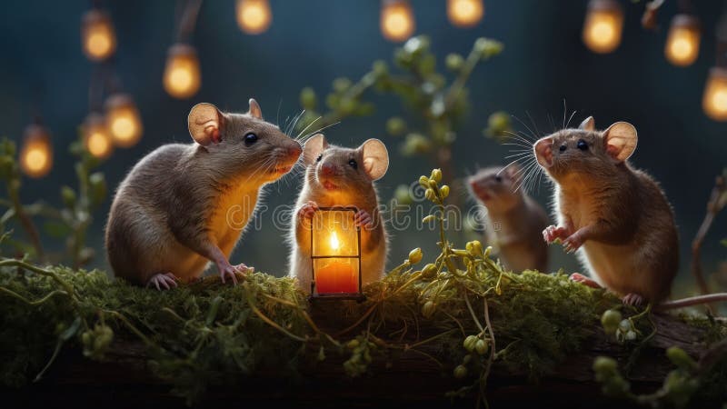 Charming Mice Gathering Around a Candle Lantern at Night Stock ...
